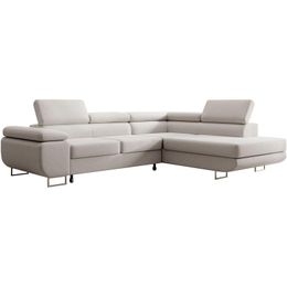 Stevil - Ecksofa L-Sofa mit Schlaffunktion, Bettkasten, Ottomane rechts, Veloursbezug Creme - Selsey