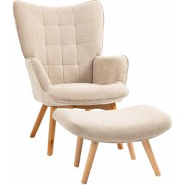 HOMCOM Ohrensessel mit Hocker, Relaxsessel, Polstersessel in Cord-Optik, Loungesessel, Armlehnstuhl mit Holzbeine, Fernsehsessel für Wohnzimmer, Beige