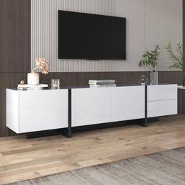 Redom - TV-Schrank, niedriges Sideboard mit glänzend weißen und schwarzen Blockbeinen, mit Türen und Schubladen, Türen mit Regalen. Einfaches Design.