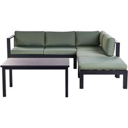 Beliani Lounge Set Schwarz Aluminium mit Auflagen Grün Stoff Skandi Modern 5-Sitzer Ecksofa Ottomane und 1 Couchtisch Terrasse Garten Möbel