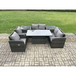 Fimous Rattan Gartenmöbel im Freien Set Patio Höhenverstellbare aufsteigende Speisetisch-Liebe-Sofa mit 2-Beistelltischen