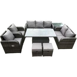 Fimous - Wicker pe Rattan Outdoor Gartenmöbel Sets Höhenverstellbarer aufsteigender Esstisch Liegestuhl Sofa Set mit Beistelltisch 2 Kleine Fußhocker