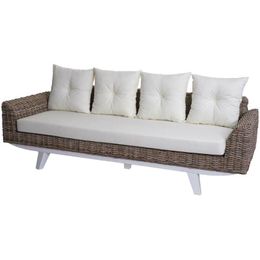 Sofa HHG 090, 4-Sitzer Couch Rattansofa Loungesofa mit Kissen, 209cm Kubu Rattan natur Stoff/Textil Polster creme