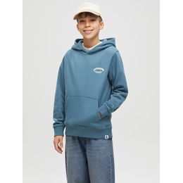 Jack & Jones Kapuzensweatshirt JACK & JONES JUNIOR "JJEBRANDES BACKP RELAXED SWEAT H SN JNR", Jungen, Gr. 128, blau (oceanview), angeraute Sweatware, Obermaterial: 60% Baumwolle, 40% Polyester, bedruckt, modisch, relaxed fit, Langarm Rippbündchen, Sweatshirts