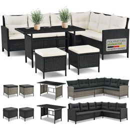 Juskys - Polyrattan Lounge Manacor – Gartenlounge mit Sofa, Tisch, 2 Hocker & Kissen – Gartenmöbel Set bis 7 Personen – Schwarz, Sitzbezüge in Creme