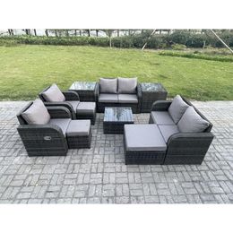 Fimous Gartenmöbel Set Rattan Lounge Sofa Stuhl im Freien mit gehärtetem Glastisch 3 Fußhocker 2 Beistelltische Dunkelgrau Gemischt