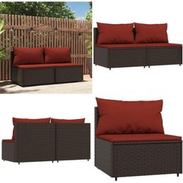 vidaXL - Garten-Mittelsofas mit Kissen 2 Stk. Braun Poly Rattan - Mittelsofa - Mittelsofas - Home & Living - Braun