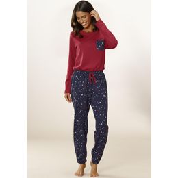 Pyjama Vivance Dreams, Damen, Gr. 44/46, rot (rot, navy), Single Jersey, Obermaterial: 100% Baumwolle, bequem lang, Rundhals, Homewear-Sets, mit niedlichem Herzen-Sterne-Druck