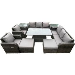 Fimous - Rattan Outdoor Gartenmöbel Sets Höhenverstellbarer aufsteigender Esstisch Liegestuhl Sofa Set mit 2 Beistelltischen 2 Große Fußhocker