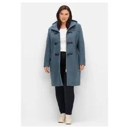 Dufflecoat sheego "Große Größen", Damen, Gr. 46, blau (taubenblau), Obermaterial: 90% Polyester, 10% Wolle;Futter: 100% Polyester, unifarben, klassisch, figurumspielend kurz, Langarm, Mäntel, mit Wollanteil und Kapuze