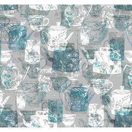 Vliestapete Komar "Digitaldruck Vlies - Tableware - Größe 300 x 280 cm", blau (blau, türkis, weiß), B:300m L:280m, Vlies, Tapeten, Wohnzimmer, Schlafzimmer