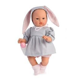 Asi Koke baby doll in gray dress with a hood with rabbit ears 36 cm