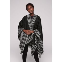 Strickponcho SOCCX, Damen, schwarz (schwarz, grau), Material: 60% Polyacryl, 25% Baumwolle, 15% Polyester, gestreift, casual, lässig geschnitten lang, tiefer V-Ausschnitt, ohne Ärmel weit normaler Saum, Pullover, in weicher Flanell-Haptik