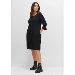 Shirtkleid sheego "Große Größen", Damen, Gr. 44, Normalgrößen, schwarz, Obermaterial: 65% Modal, 30% Polyester, 5% Elasthan, unifarben, feminin, figurumspielend kurz, Rundhals, 3/4-Ärmel, Kleider, mit gerafften 3/4-Ärmeln