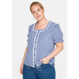 Trachtenbluse sheego "Große Größen", Damen, Gr. 42, blau (marine, weiß), Obermaterial: 60% Baumwolle, 40% Polyester;Besatz: 100% Baumwolle, gemustert, feminin, figurumspielend normal, Blusen, im Karo-Design, mit Spitzenbesatz