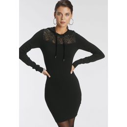 Strickkleid Melrose, Damen, Gr. 42, N-Gr, schwarz, Feinstrick, Spitze, Obermaterial: 50% Viskose, 26% Polyamid, 24% Polyester. Spitze: 90% Polyamid, 10% Elasthan, feminin, sehr figurbetont mini, Langarm Rippstrickbündchen, Kleider, für festliche Anlässe und besondere Events, kurzes Kleid