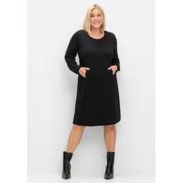 Shirtkleid sheego "Große Größen", Damen, Gr. 44, Normalgrößen, schwarz, Obermaterial: 55% Polyester, 40% Modal, 5% Elasthan, unifarben, feminin, figurumspielend kurz, Rundhals, Langarm, Kleider, in schwerer Qualität, mit Raffung hinten