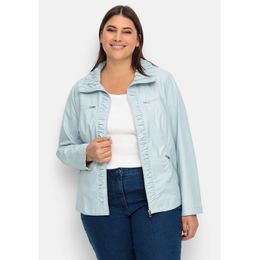 Kurzjacke sheego "Große Größen", Damen, Gr. 48, blau (hellblau), Obermaterial: 100% Polyurethan, unifarben, feminin, figurbetont normal, Langarm, Jacken, in Lederoptik, mit gerafften Details