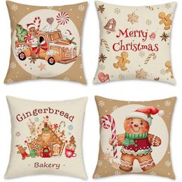 4 Stück Weihnachts-Lebkuchen-Kissenbezug, 45 x 45 cm, Bäckerei-LKW, Weihnachten, Polyester-Leinen, dekorativer Kissenbezug für Sofa, Schlafzimmer,