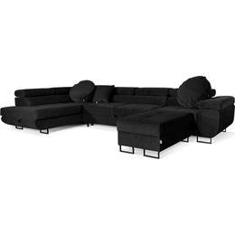 Sofiland - Ecksofa Aller Lang xl, Eckcouch mit Schlaffunktion und Bettkasten in Schwarz, Ecksofa mit Hocker, Links Ottomane