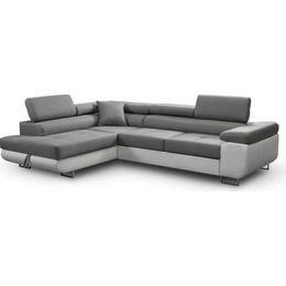 Sofiland - Ecksofa Aller, Hellgrau und Weiß Eco, Eckcouch mit Bettkasten und Schlaffunktion, L-Form Couch, Schlafsofa, Ottoman Links.