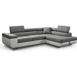 Sofiland - Ecksofa Aller, Hellgrau und Weiß Eco, Eckcouch mit Bettkasten und Schlaffunktion, L-Form Couch, Schlafsofa, Ottoman Rechte.