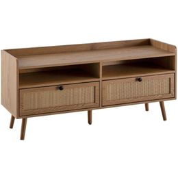 FineBuy - Lowboard 120x56x39 cm TV-Kommode mit Eiche-Dekor & Rattan, Design TV-Schrank Hoch mit Schubladen, Fernsehtisch Fernsehschrank Stauraum,