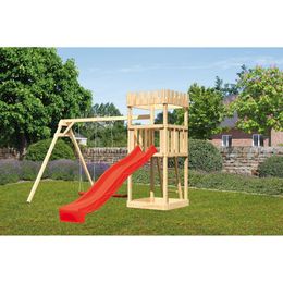 Akubi Spielturm 'Ritterburg Löwenherz' Doppelschaukelanbau, Rutsche rot, 371 x 264 x 259,5 cm
