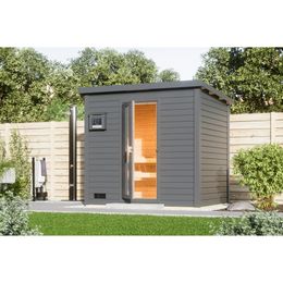 Karibu Saunahaus 'Bosco 3' terragrau Ofen 9 kW Bio-Ofen externe Steuerung 231 x 196 x 228 cm