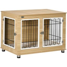 PawHut - Hundekäfig, Hundehütte, Haustierkäfig mit Kissen, 2 Verriegelungen für Mittelegroße Hunde, Hundebox mit Doppeltüren, Hundehaus, Eiche, 90 x