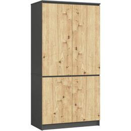 Kleiderschrank Akord S90 Grau, Eiche Artisan 90 cm 4 Türen 4 Regalböden B90xH180xT51 cm