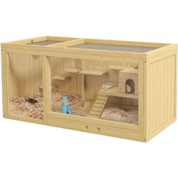 PawHut - Hamsterkäfig aus Holz, 100 cm Kleintierstall, Kleintierkäfig Spielhaus für Gerbils Nagerkäfig mit Schaukeln, Leitern, zu öffnendes Dach,