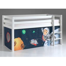 Tendances Hochbett Kinderzimmer PINOO-12 mit Textilset Spaceman in Kiefer massiv weiß lackiert, b/h/t: ca. 210/114/106 cm