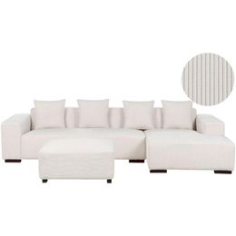 Beliani - 4-Sitzer Ecksofa Cremeweiß Stoffbezug Cord L-Förmig mit Ottomane Chaiselongue Linksseitig 4 Dekokissen Modern Wohnzimmer Wohnlandschaft Sofa