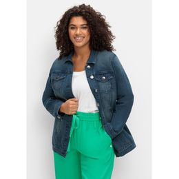 Jeansjacke sheego "Große Größen", Damen, Gr. 44, blau (blau denim), Obermaterial: 98% Baumwolle, 2% Elasthan, unifarben, casual, figurbetont normal, Langarm, Jacken, in längerer, taillierter Form