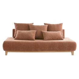 Miliboo Sofa aus terracottafarbenem Stoff mit Samteffekt und hellem Holz 3-Sitzer B200 cm odeon