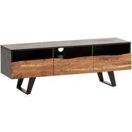 FineBuy - Lowboard Akazie Massivholz 140x50x40 cm Baumkante TV-Kommode Schwarz, Design TV-Schrank Hoch mit Schublade, Fernsehtisch Fernsehschrank