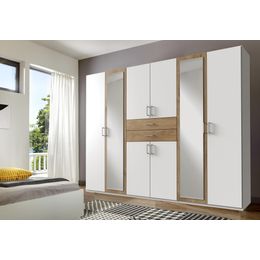 Kleiderschrank wimex "Diver Drehtürenschrank mit Spiegel, Schubladen, 225 oder 270cm breit", weiß (weiß, plankeneichefarben), B:270cm H:207cm T:58cm, Schränke, Bestseller Schlafzimmerschrank wahlweise 3 Innenausstattungen