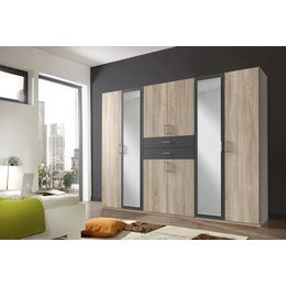 Kleiderschrank wimex "Diver Drehtürenschrank mit Spiegel, Schubladen, 225 oder 270cm breit", grau (struktureichefarben hell, graphit), B:270cm H:207cm T:58cm, Schränke, Bestseller Schlafzimmerschrank wahlweise 3 Innenausstattungen