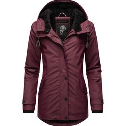 Regenjacke Navahoo "Lindraa", Damen, Gr. M (38), rot (weinrot), Oberstoff: 60% Polyvinylchlorid, 30% Polyester, 10% Polyurethan, Futter: 100% Polyester, Wattierung: 100% Polyester, Ärmelfutter: 100% Polyester, modisch, figurbetont Po-bedeckend, Langarm Ärmel ohne Ärmelschlitz Rippstrickbündchen mit Knöpfen, Jacken, stylische wasserdichte Outdoorjacke mit Teddyfell