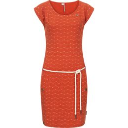 Jerseykleid Ragwear "Tag Zig Zag", Damen, Gr. L (40), Normalgrößen, orange (terrakotta), 100% Baumwolle, modisch, tailliert ca. Mitte Oberschenkel, Rundhals, Kurzarm Ärmel ohne Ärmelschlitz, Kleider, stylisches Shirtkleid mit coolem Print u. Bindekordel