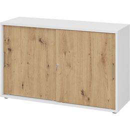 eurokraft pro Schiebetürenschrank, Höhe 748 mm, 1 Fachboden, weiß / Asteiche