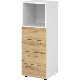 eurokraft pro Regalschrank, 1 Fach offen / 4 Schubladen, weiß / Asteiche