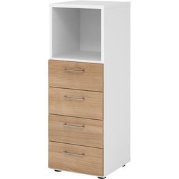 eurokraft pro Regalschrank, 1 Fach offen / 4 Schubladen, weiß / Nussbaum
