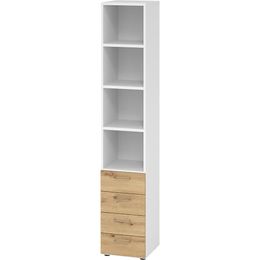 eurokraft pro Regalschrank, 3 Fachböden / 4 Schubladen, weiß / Asteiche