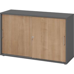 eurokraft pro Schiebetürenschrank, Höhe 748 mm, 1 Fachboden, graphit / Nussbaum-Dekor