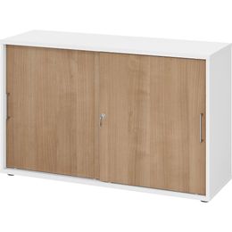 eurokraft pro Schiebetürenschrank, Höhe 748 mm, 1 Fachboden, weiß / Nussbaum-Dekor