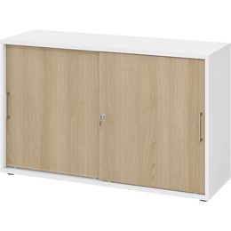 eurokraft pro Schiebetürenschrank, Höhe 748 mm, 1 Fachboden, weiß / Eiche