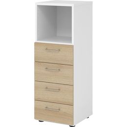 eurokraft pro Regalschrank, 1 Fach offen / 4 Schubladen, weiß / Eiche