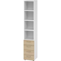 eurokraft pro Regalschrank, 3 Fachböden / 4 Schubladen, weiß / Eiche
